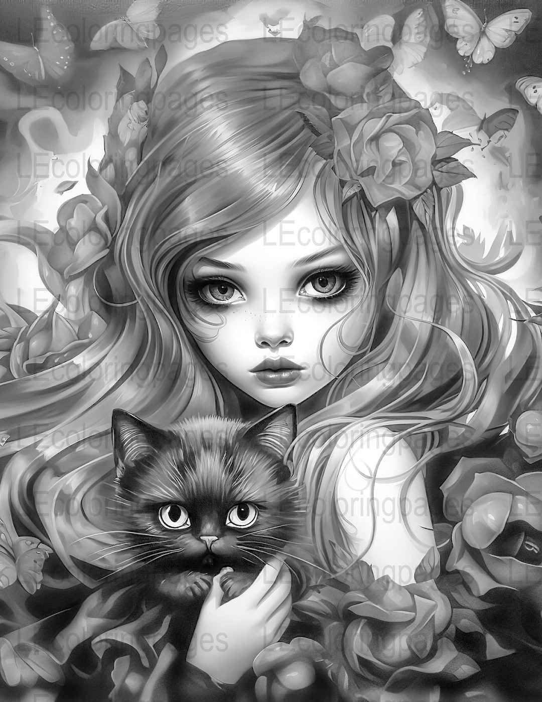 Gothic Cat Girl Grayscale Coloring Page for Adults 78 - Etsy