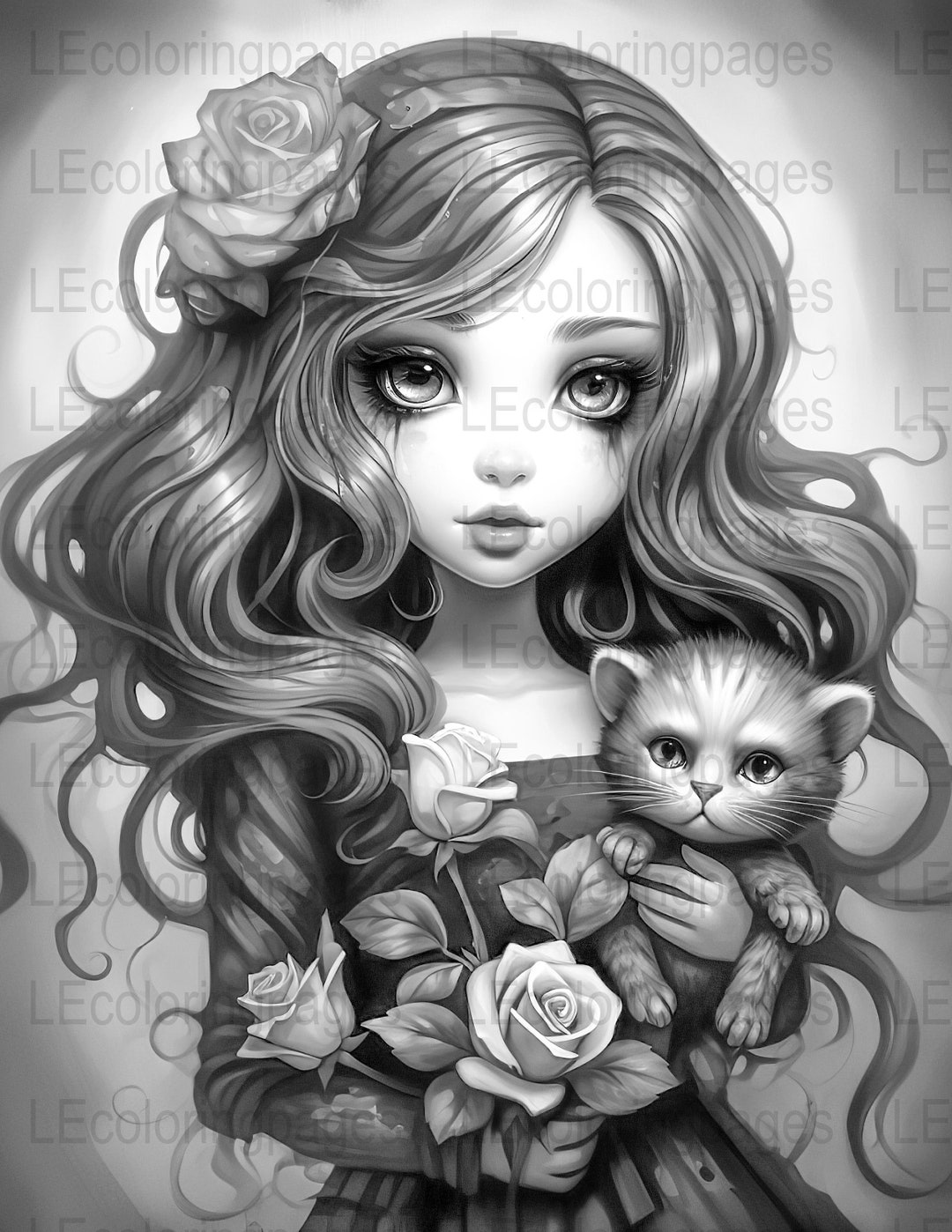 Gothic Cat Girl Grayscale Coloring Page for Adults #90 - Instant ...