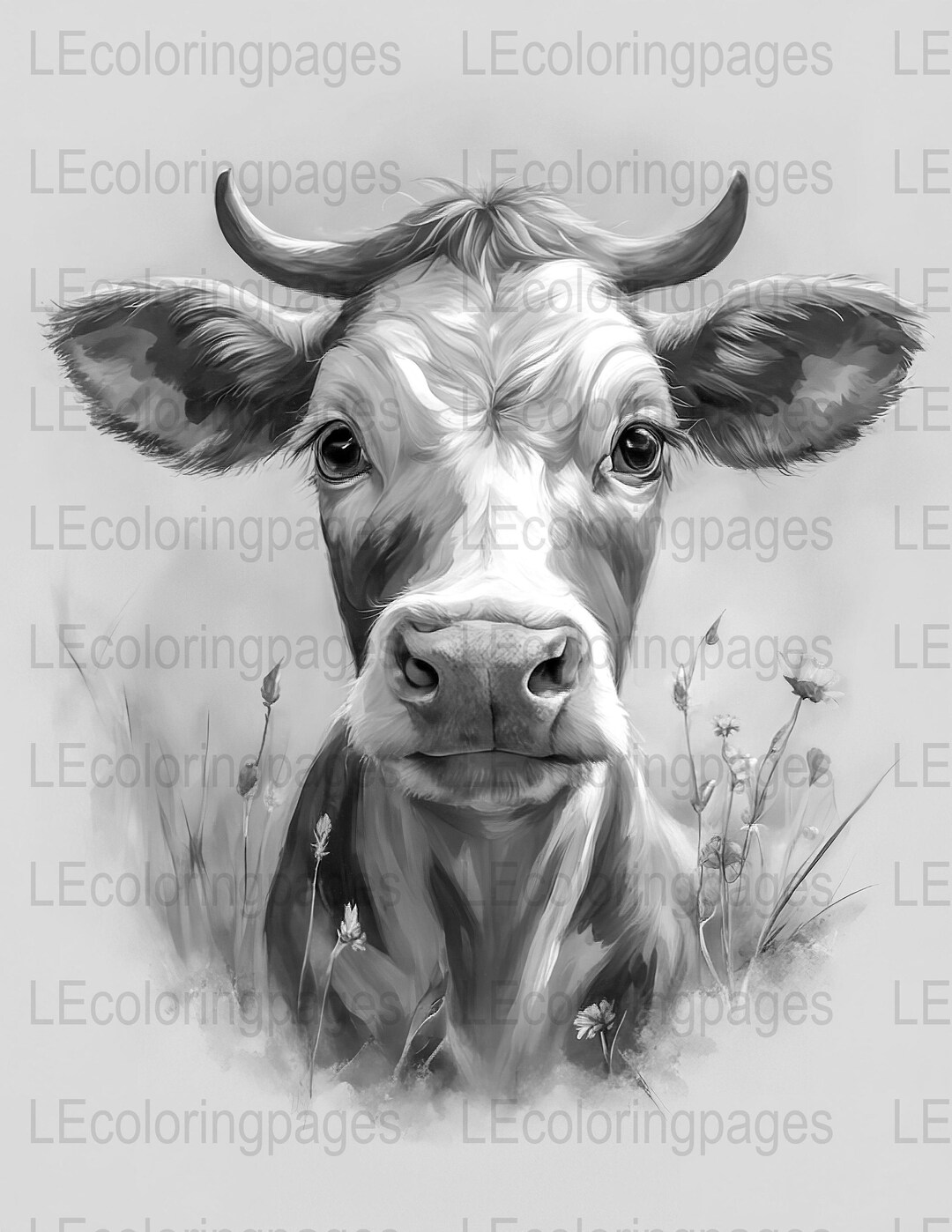 Farm Animal Grayscale Coloring Page, Cow in Field Printable, Adult ...