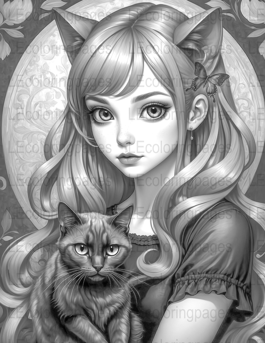 Gothic Cat Girl Grayscale Coloring Page for Adults #38 - Instant ...