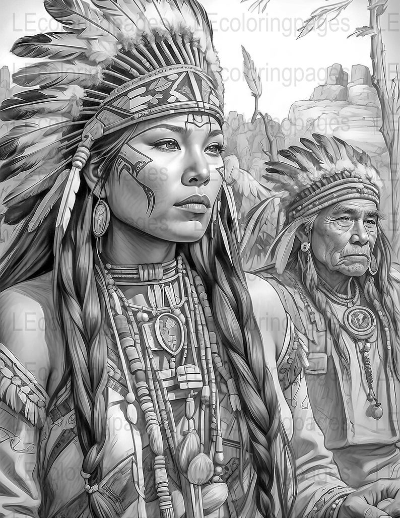 Native American Grayscale Coloring Page for Adults, Detailed Native ...