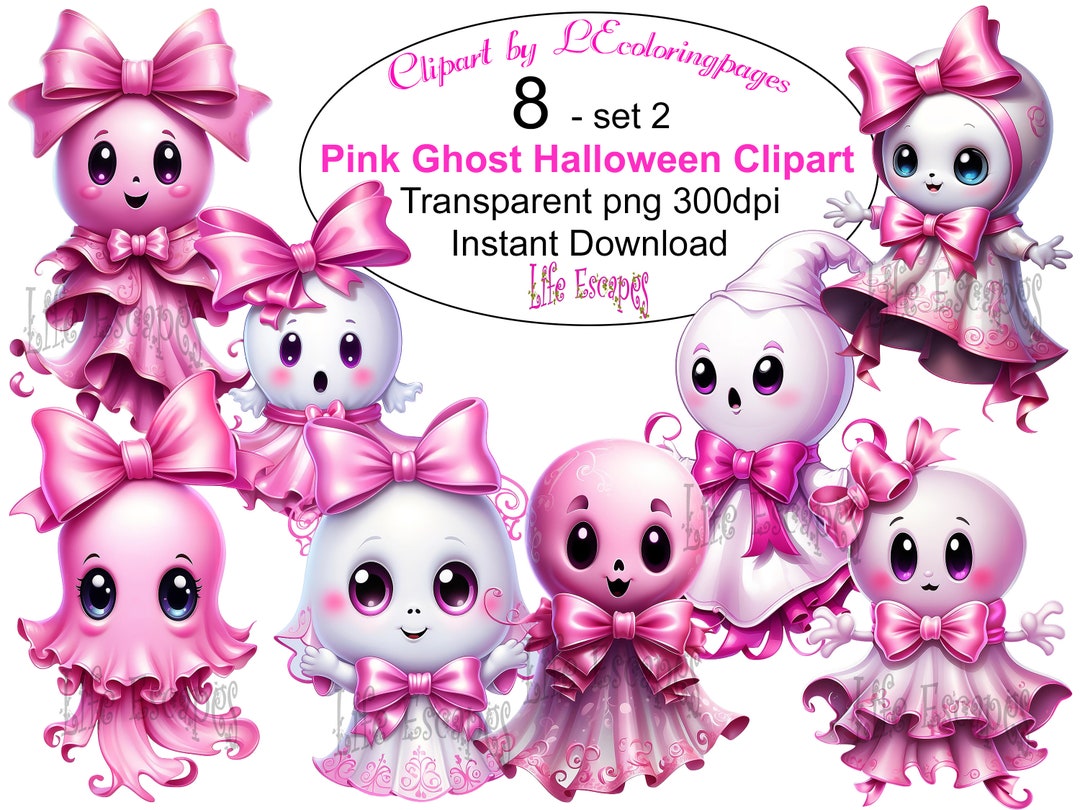 Cute Pink Ghost Halloween Clipart Set, Digital Download, Commercial Use ...