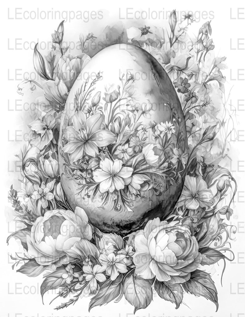 Floral Egg Coloring Page, Printable Grayscale Design, Relaxing Adult ...