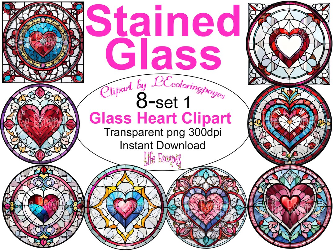 Printable Stained Glass Hearts Clipart Bundle - Set #1, PNG, Commercial ...