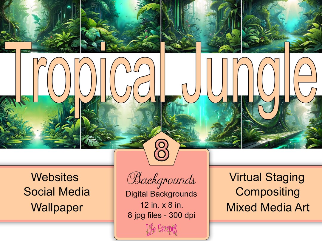 Tropical Jungle Digital Backgrounds, Lush Greenery Wallpapers, Virtual ...