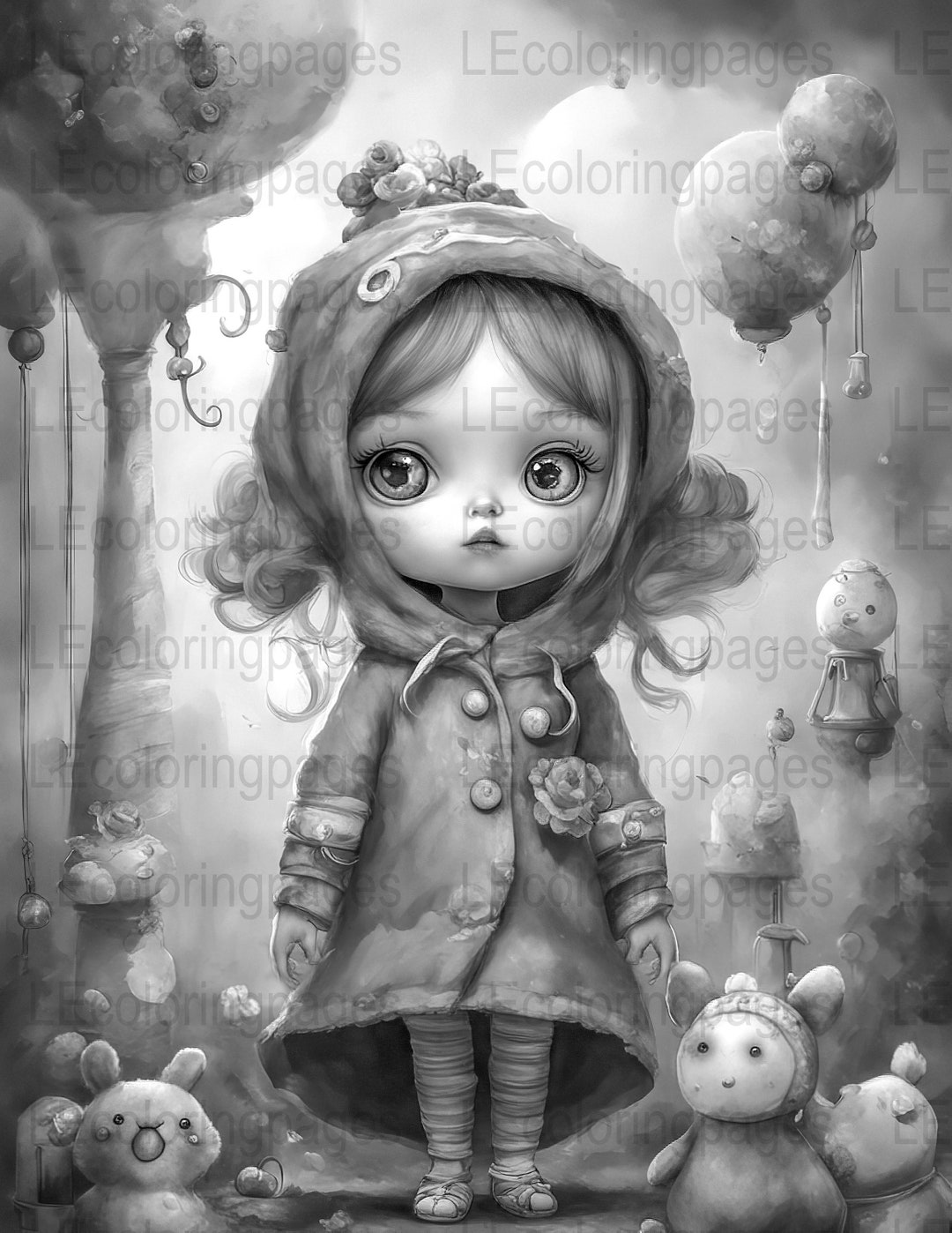 Adult Coloring Page, Grayscale Doll Illustration, Printable PDF ...