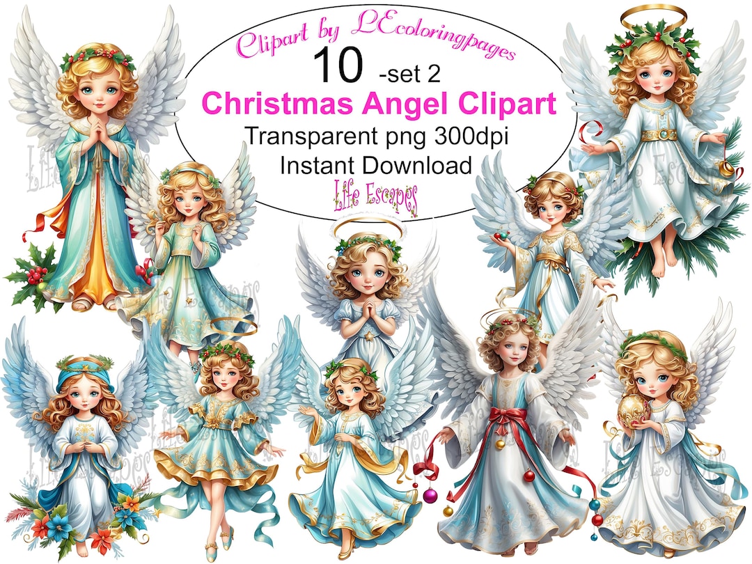 Christmas Angel Clipart Set 10 PNG Transparent 300dpi Instant Download ...