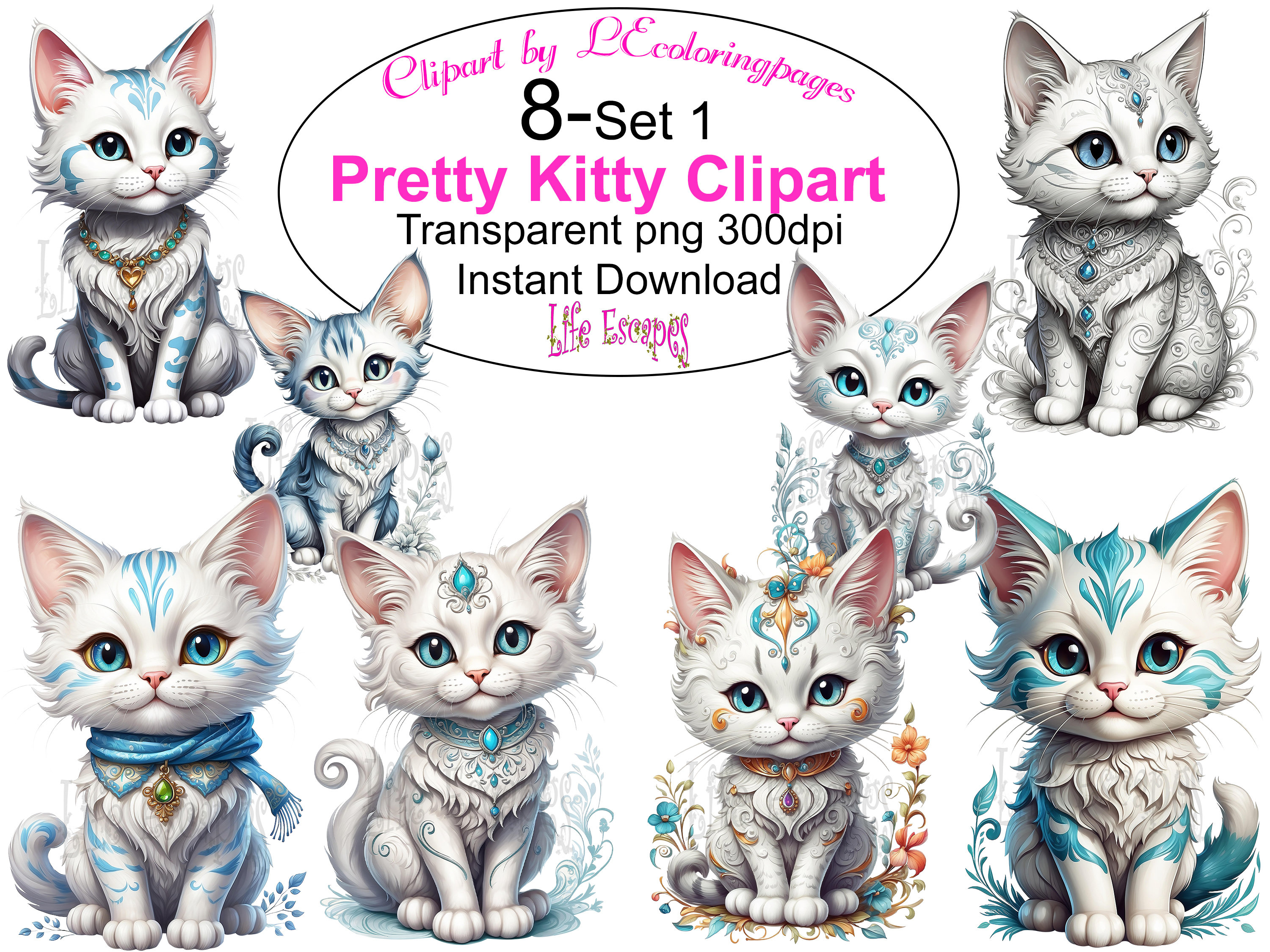 Printable Pretty White Kitten Clipart Bundle Set 1, PNG, Commercial Use ...
