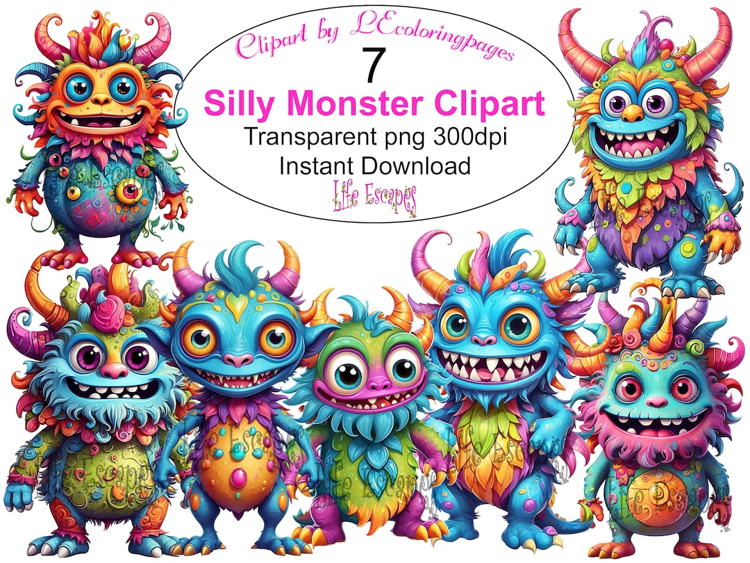 Cute Silly Monster Clipart Set, Colorful Creature Digital PNG, Kids ...