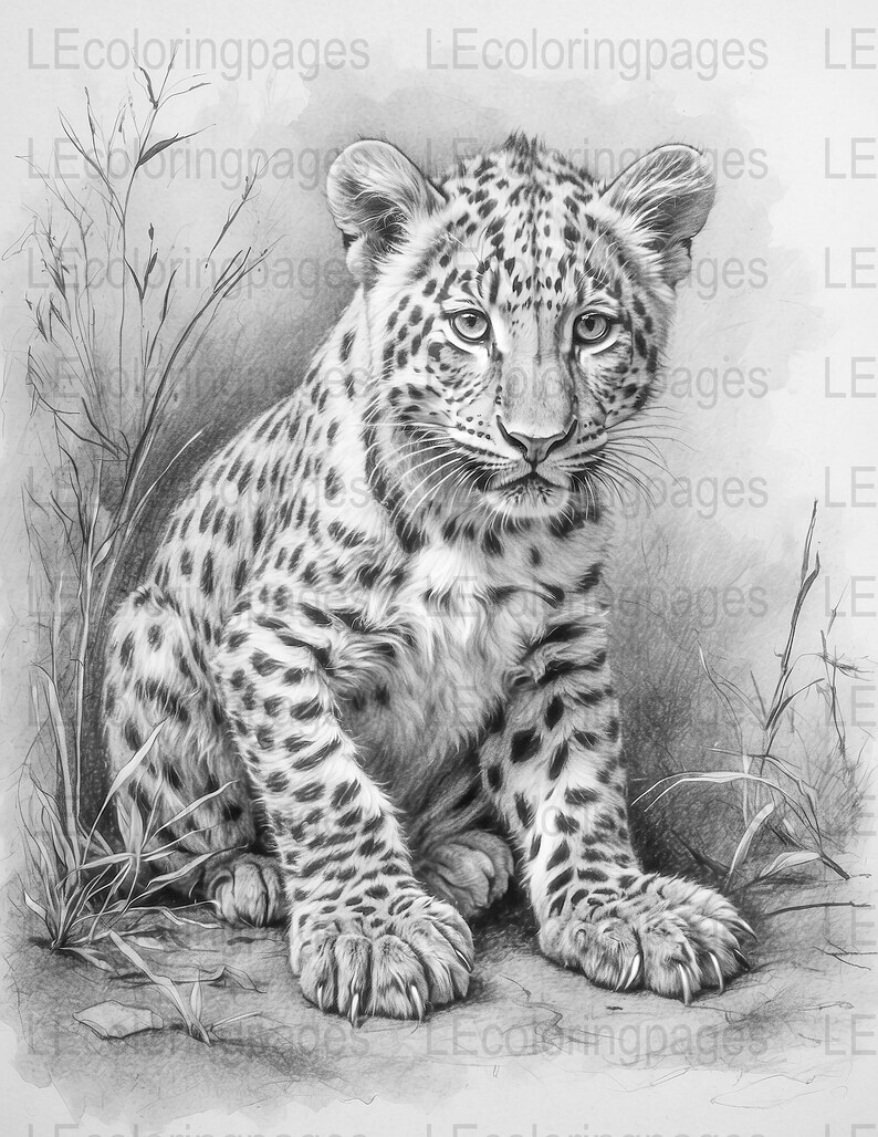 Adult Coloring Page Leopard Cub, Printable Grayscale Jungle Animal ...