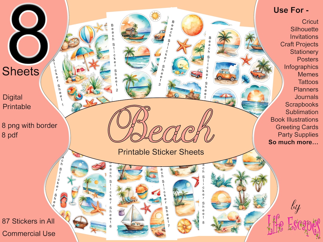 Beach Theme Sticker Sheets, Printable Ocean Vacation Decals, Scrapbook ...