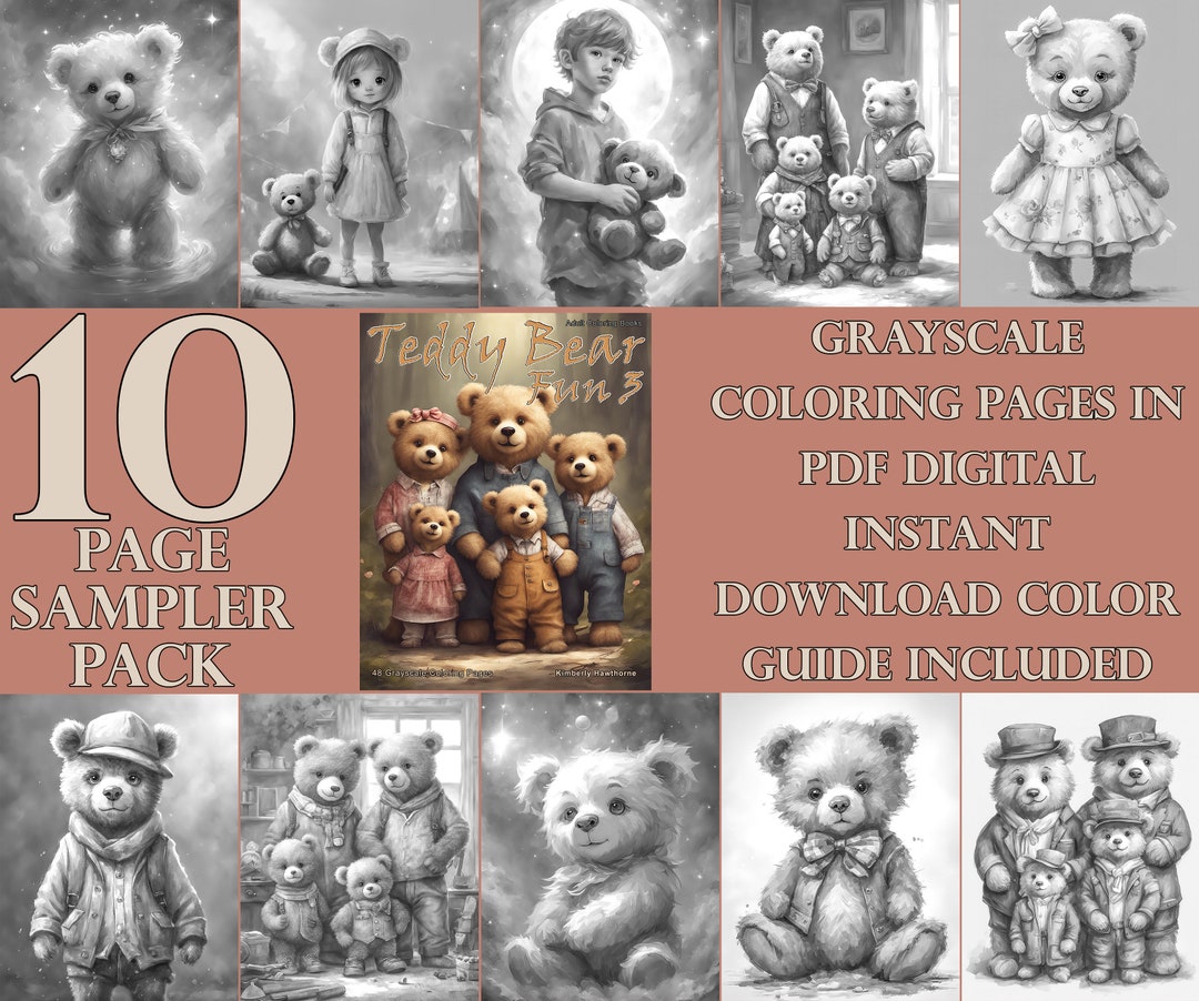 Teddy Bear Fun 3, 10 Grayscale Coloring Pages, Instant Download PDF ...