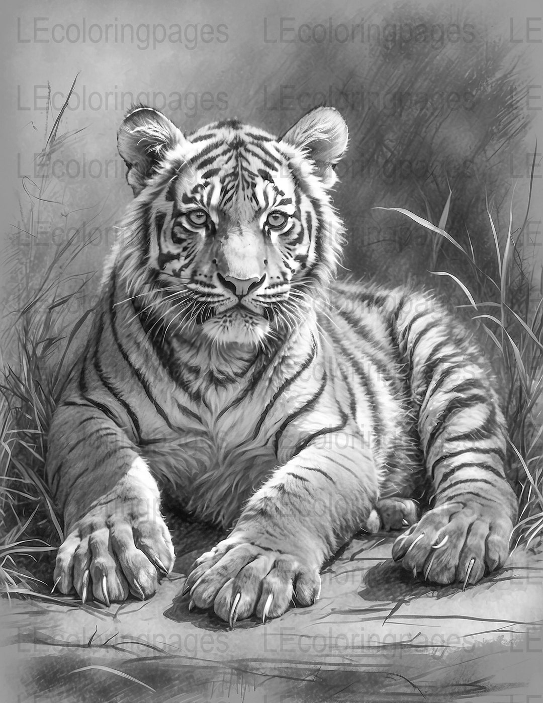 Adult Coloring Page Tiger Printable, Detailed Grayscale Jungle Animal ...