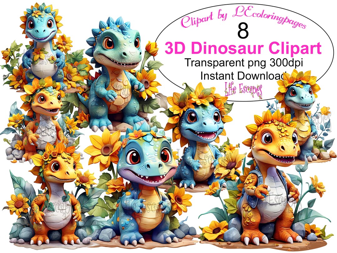 3D Dinosaur Clipart Set, Cute Cartoon Dinosaurs, Sunflowers, Commercial ...
