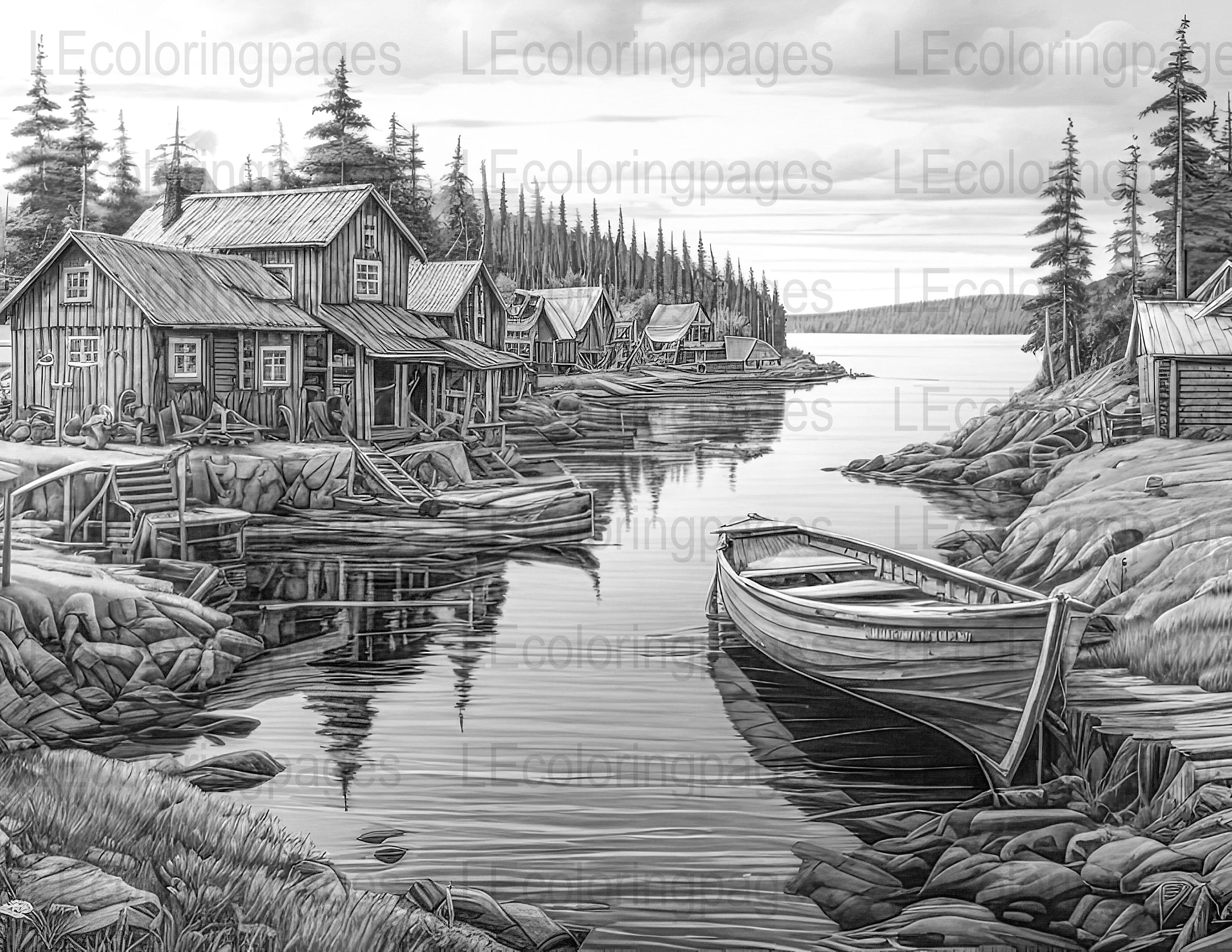 Grayscale Scenery Coloring Page, Rustic Lakeside Cabins, Relaxing Adult ...