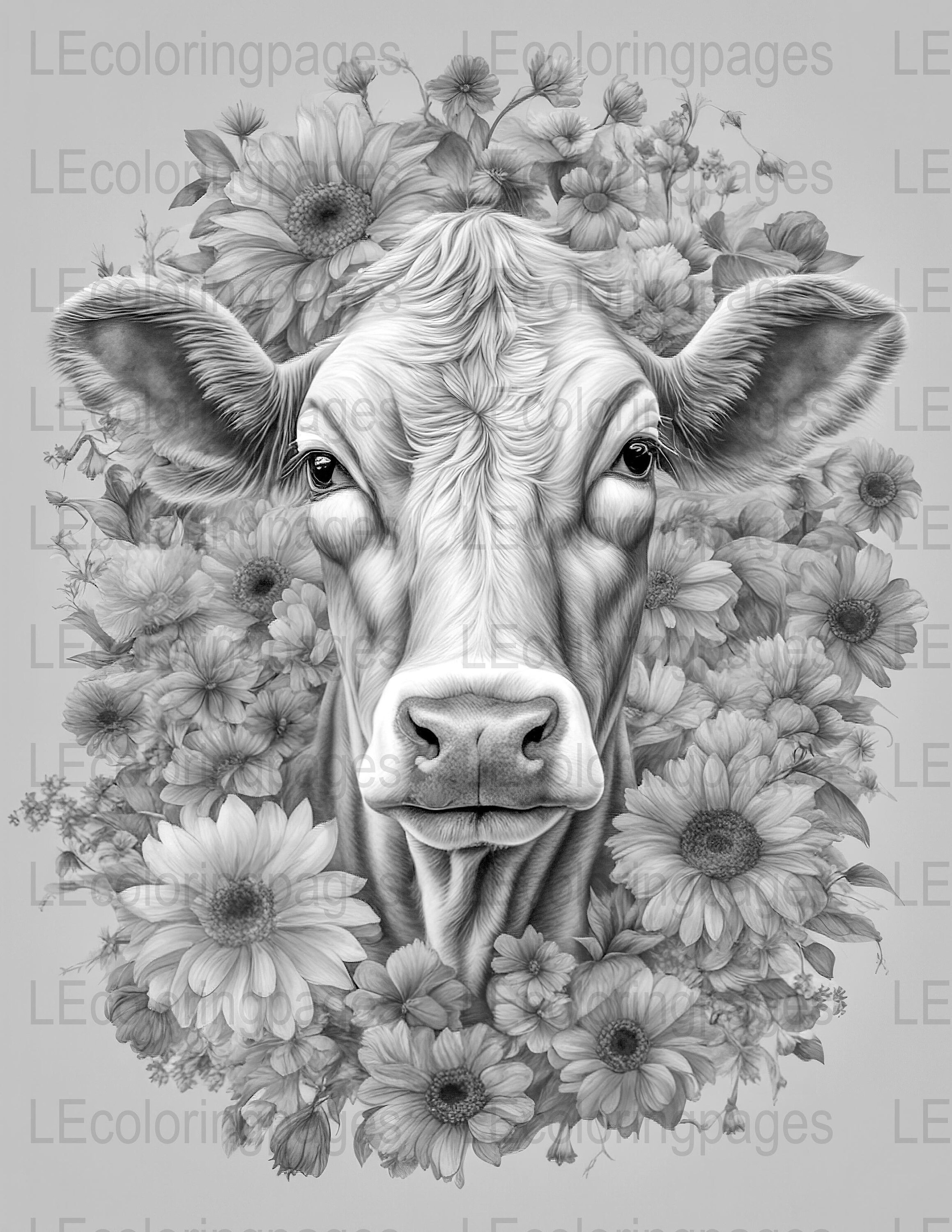 Printable Adult Coloring Page, Grayscale Cow With Flowers, Stress ...