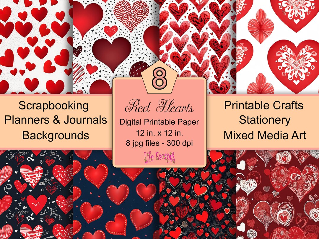Digital Paper Pack Red Hearts, Printable Scrapbook Paper, 12x12, Craft ...