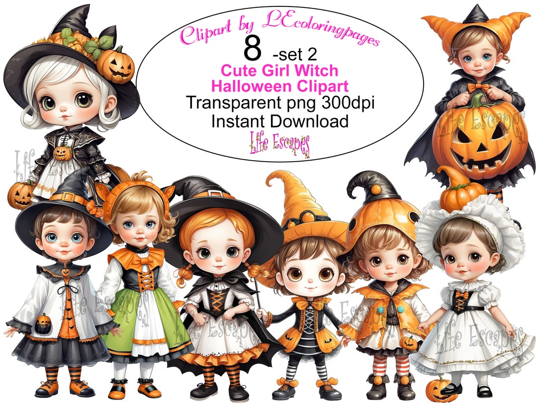 Cute Girl Witch Halloween Clipart Set, 8 Transparent PNG, 300dpi ...