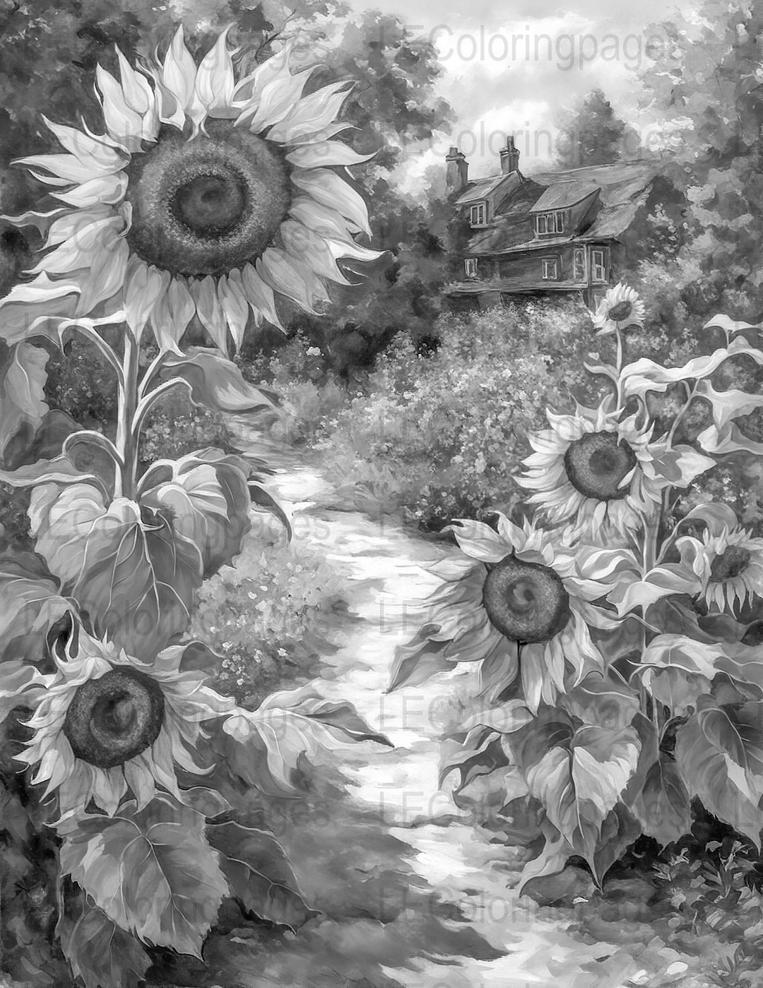 Sunflowers Grayscale Coloring Page for Adults #74 Instant Download ...