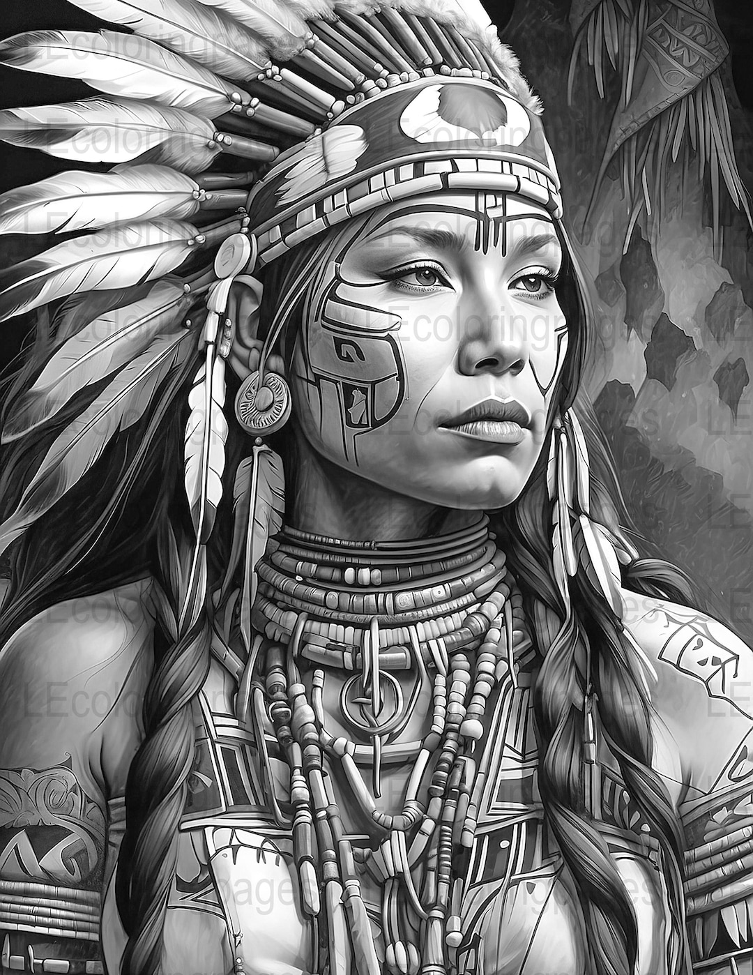 Adult Coloring Page, Grayscale Native American Woman, Printable Tribal ...