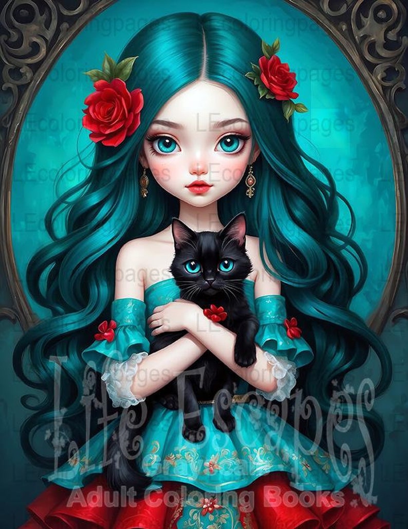 Gothic Cat Girl Coloring Page – Grayscale Fantasy Art (digital Download ...