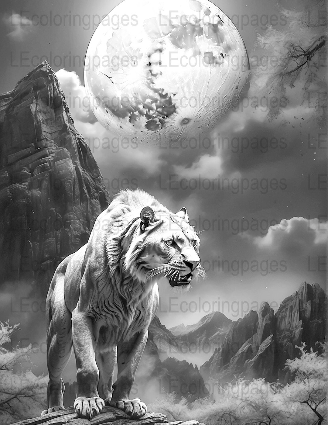 Majestic Lion Grayscale Coloring Page, Adult Stress Relief, Moonlight ...