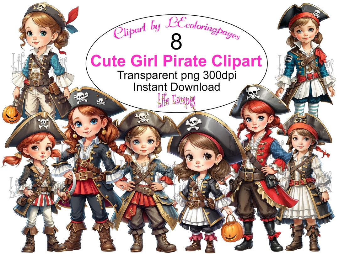 Cute Girl Pirate Clipart Set, 8 Transparent Pngs, Commercial Use ...