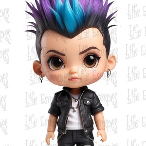 Punk Chibi Kids Clipart Set, Mohawk Hairstyle Cartoon Illustrations ...