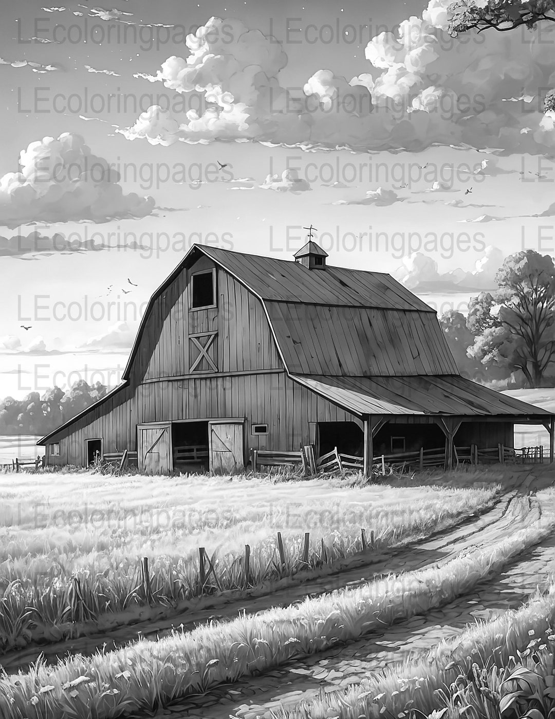 Rustic Barn Grayscale Coloring Page for Adults, Printable JPG ...