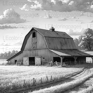 Rustic Barn Grayscale Coloring Page for Adults, Printable JPG ...