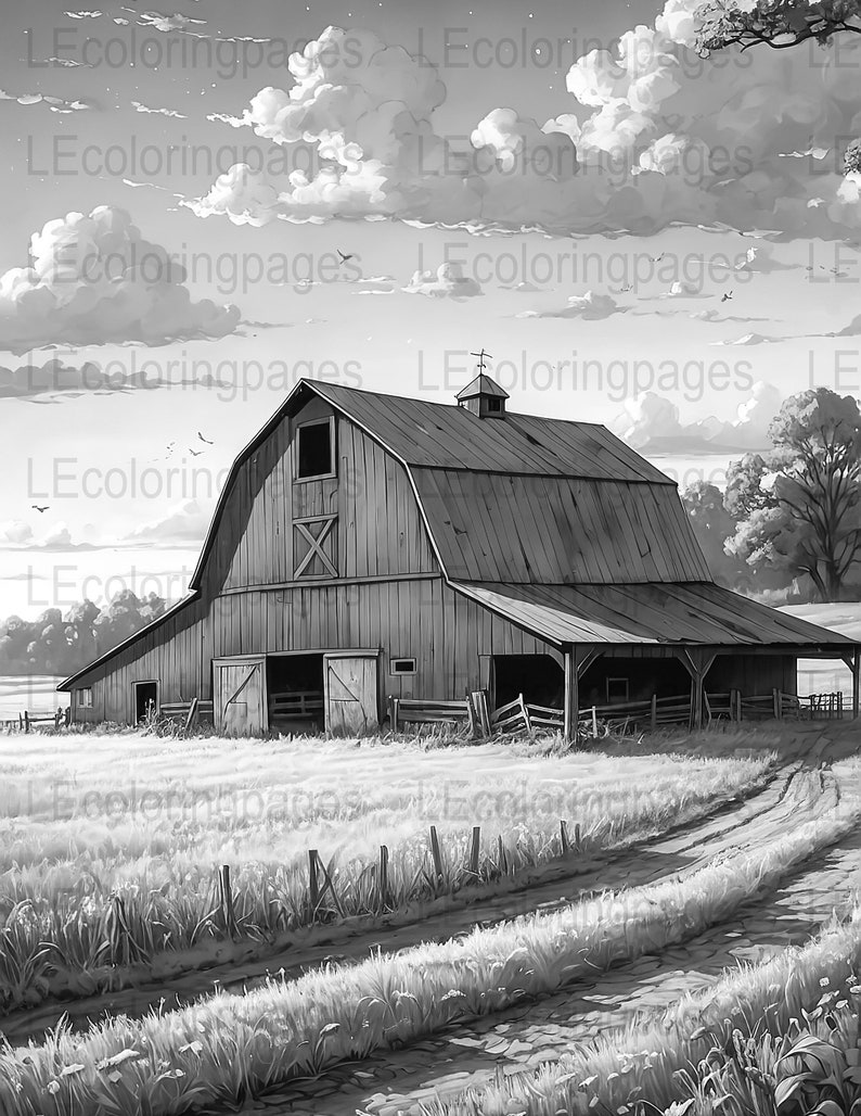 Rustic Barn Grayscale Coloring Page for Adults, Printable JPG ...