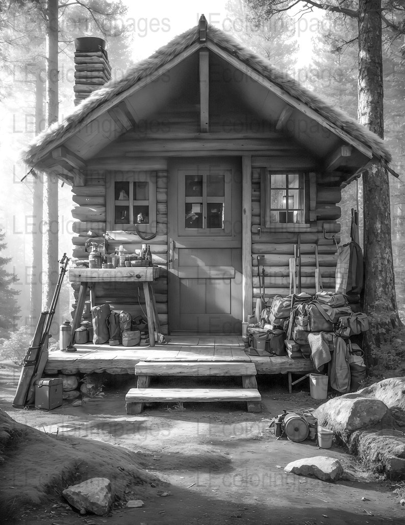 Hunting Cabin Grayscale Coloring Page for Adults #82 - Instant Download ...