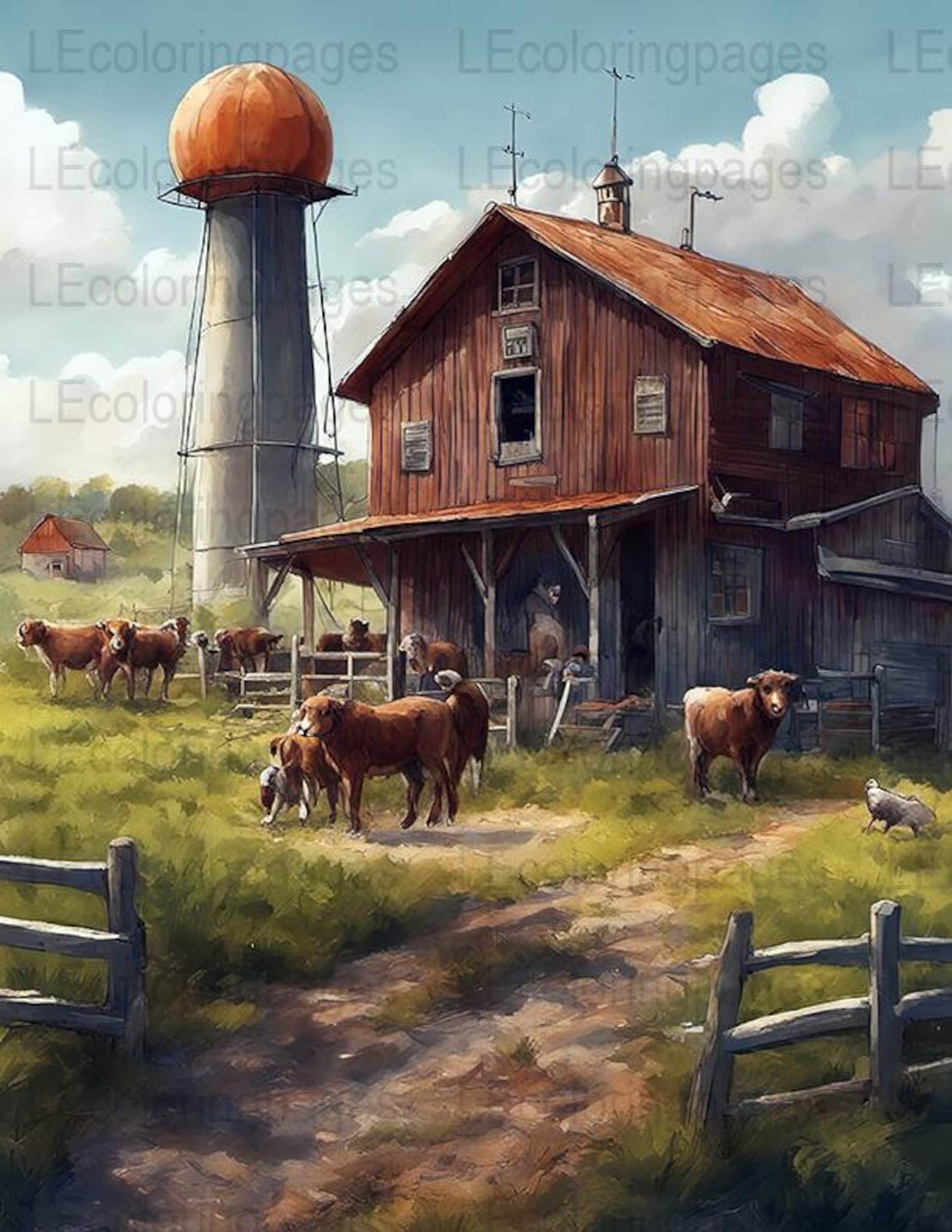 Farm Country Grayscale Coloring Page for Adults, Rustic Barn and ...