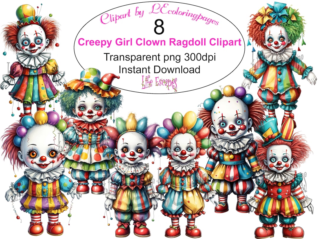 Creepy Girl Clown Ragdoll Clipart, 8 Digital Clown Clipart, Commercial ...