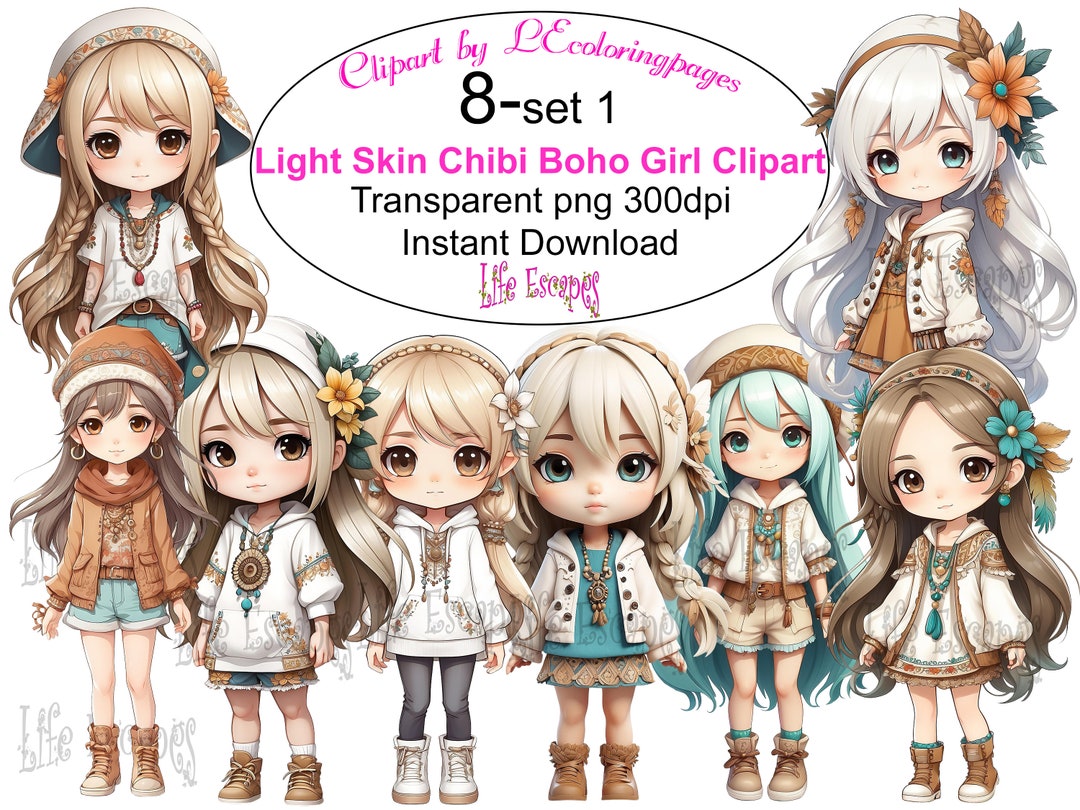 Chibi Boho Girl Digital Clipart Set, Light Skin, Instant Download ...