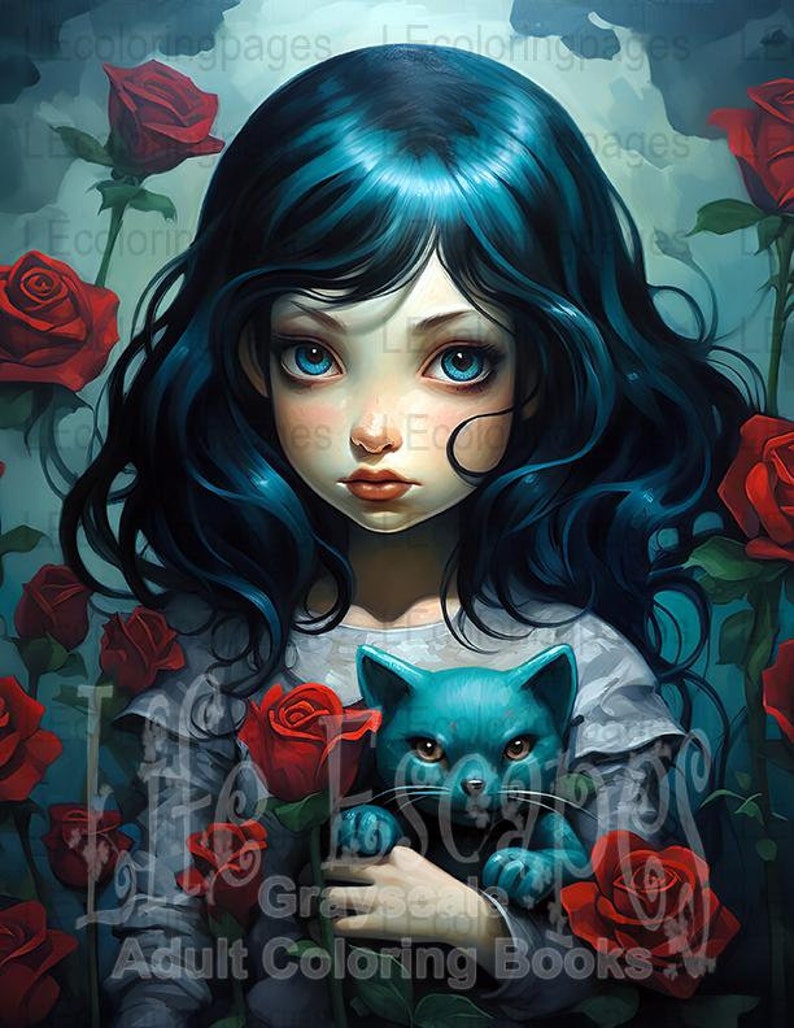 Gothic Cat Girl Grayscale Coloring Page for Adults 92 Instant Download ...