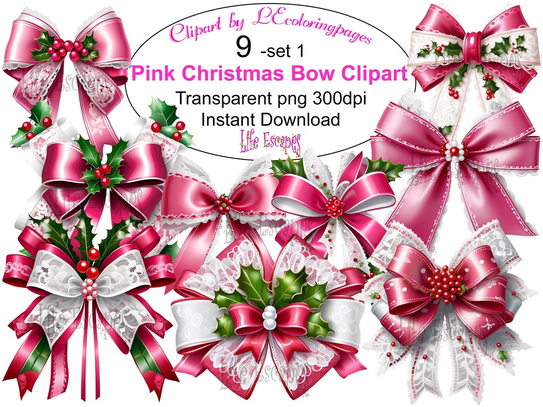 Pink Christmas Bow Clipart Set, 9 PNG Clipart Bows, Digital Download ...