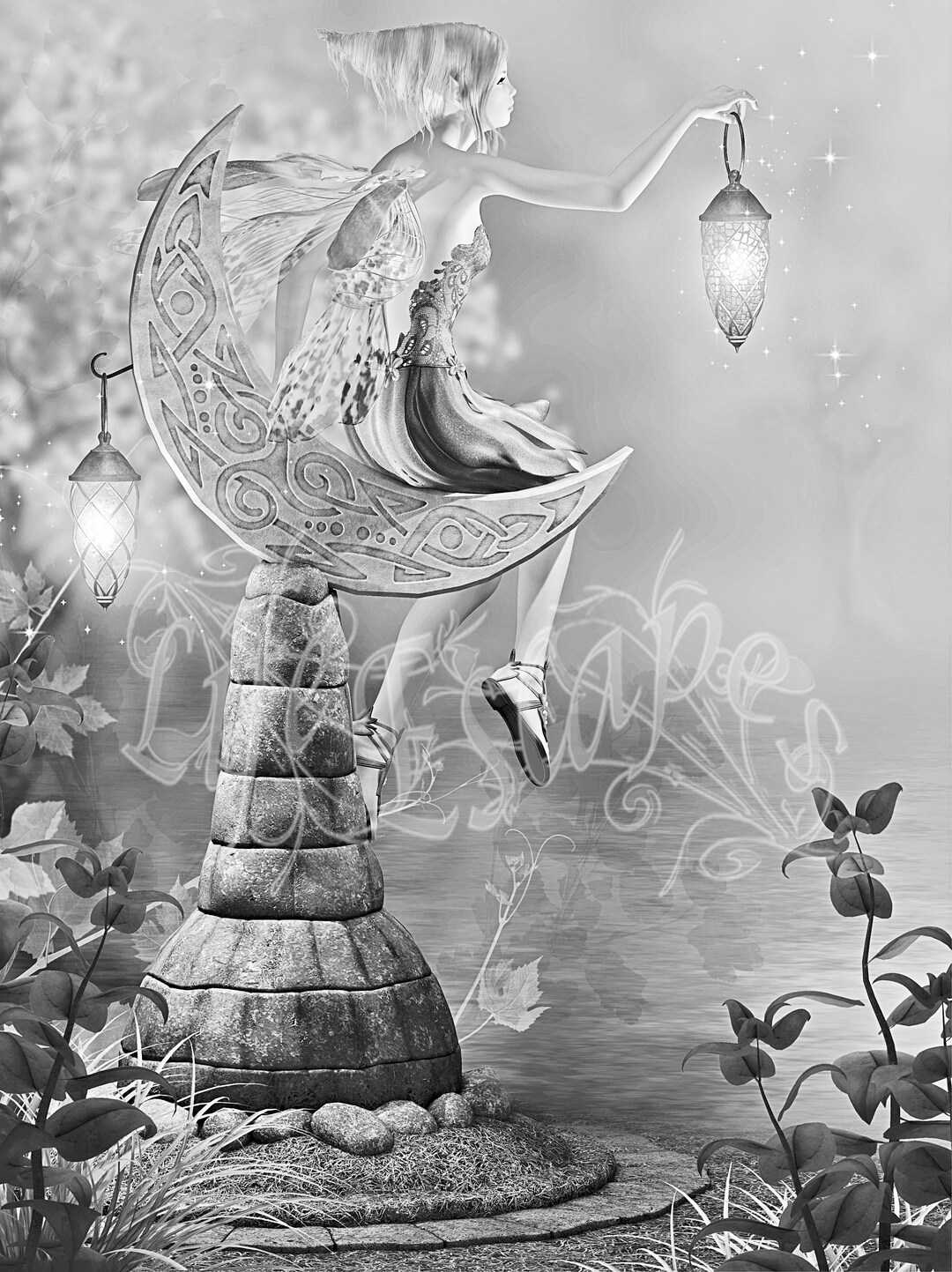 Grayscale Fairy Coloring Page: Moon Dreams, Fantasy Art (printable) - Etsy
