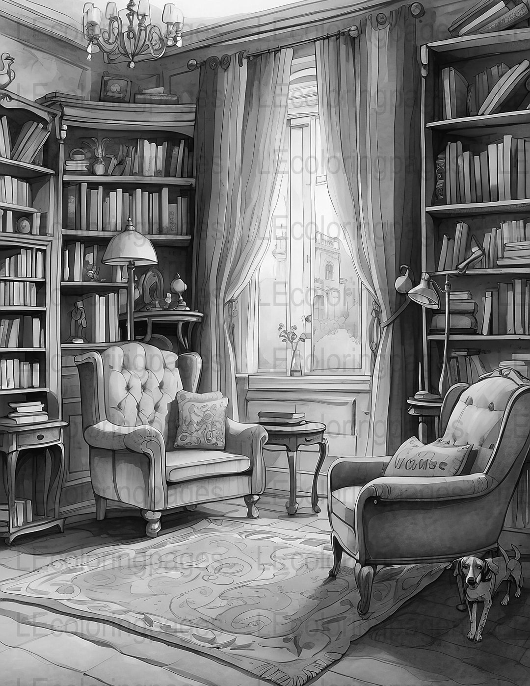 Victorian Library Grayscale Coloring Page, Digital Download, Adult ...