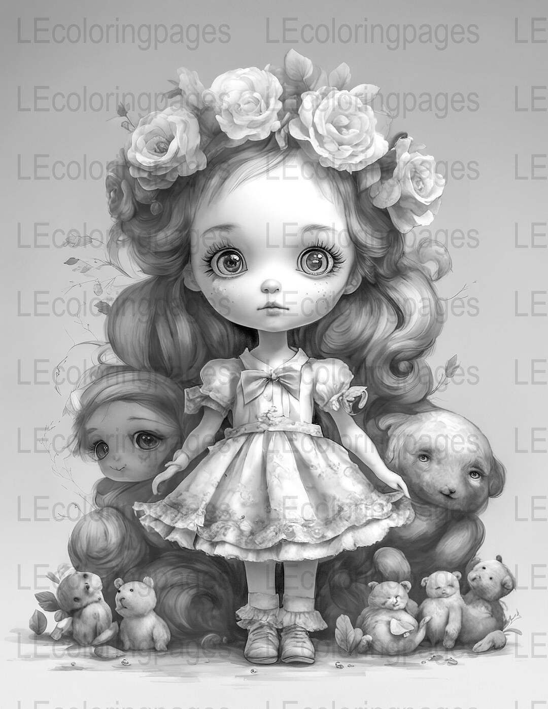 Grayscale Coloring Page for Adults, Vintage Doll and Pets, Relaxing ...