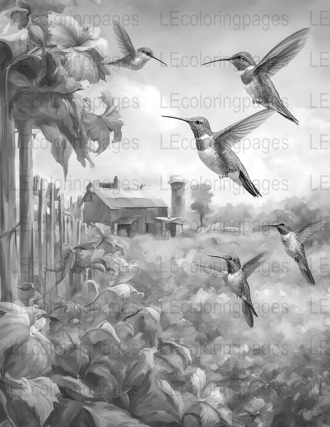 Adult Coloring Page, Farm Country Scene, Grayscale, Hummingbirds ...
