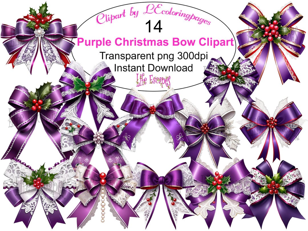 14 Purple Christmas Bow Clipart Set PNG Transparent 300dpi Instant ...