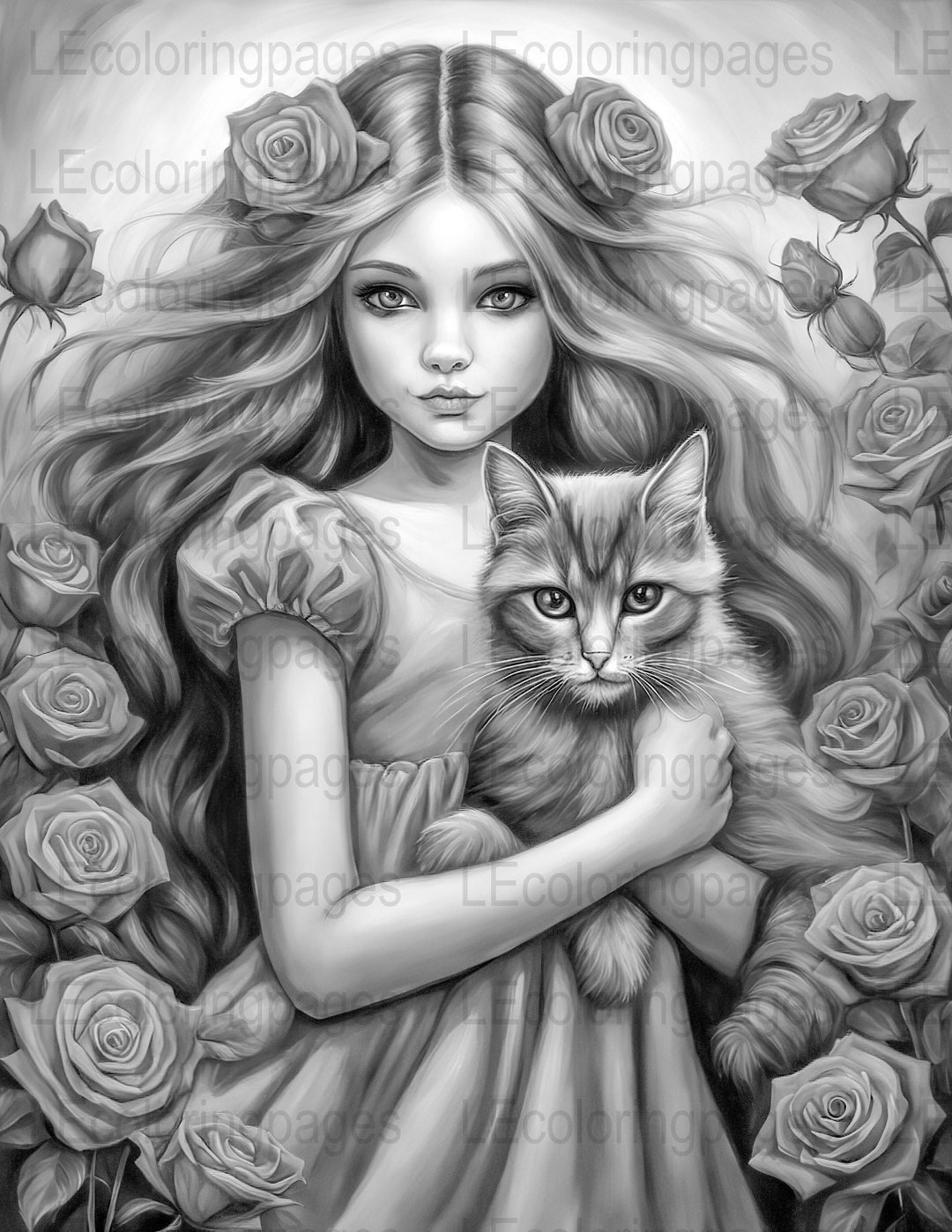 Gothic Cat Girl Grayscale Coloring Page for Adults 68 - Etsy