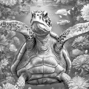 Printable Adult Coloring Page, Grayscale Turtle Design, Floral ...