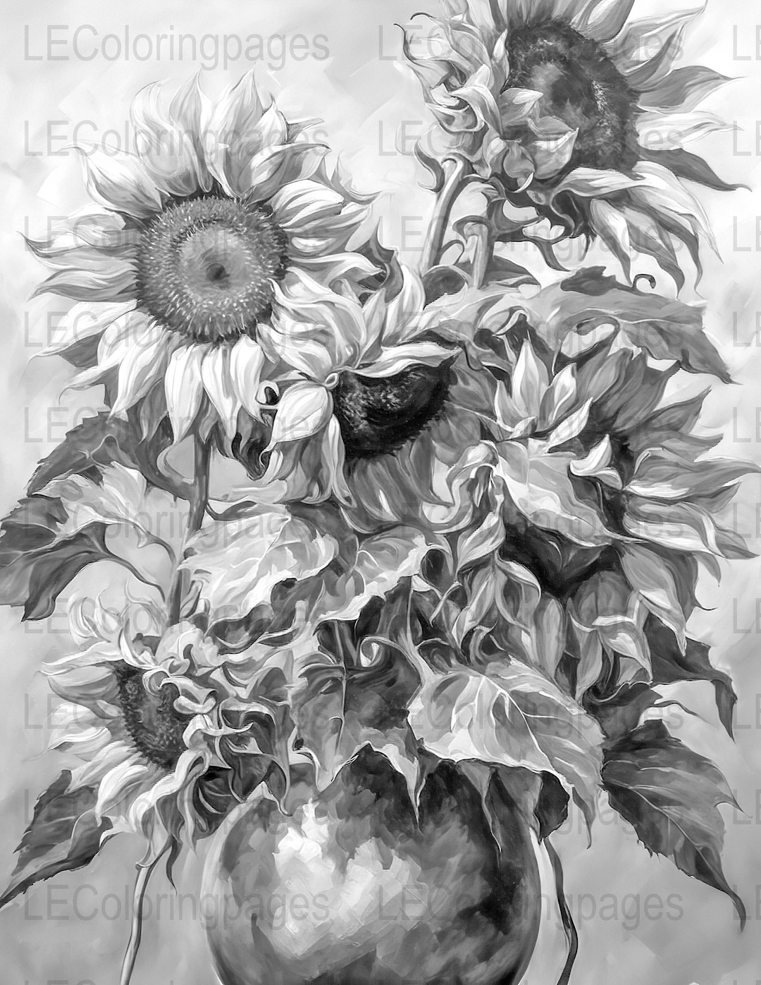 Sunflowers Grayscale Coloring Page for Adults #98 Instant Download ...