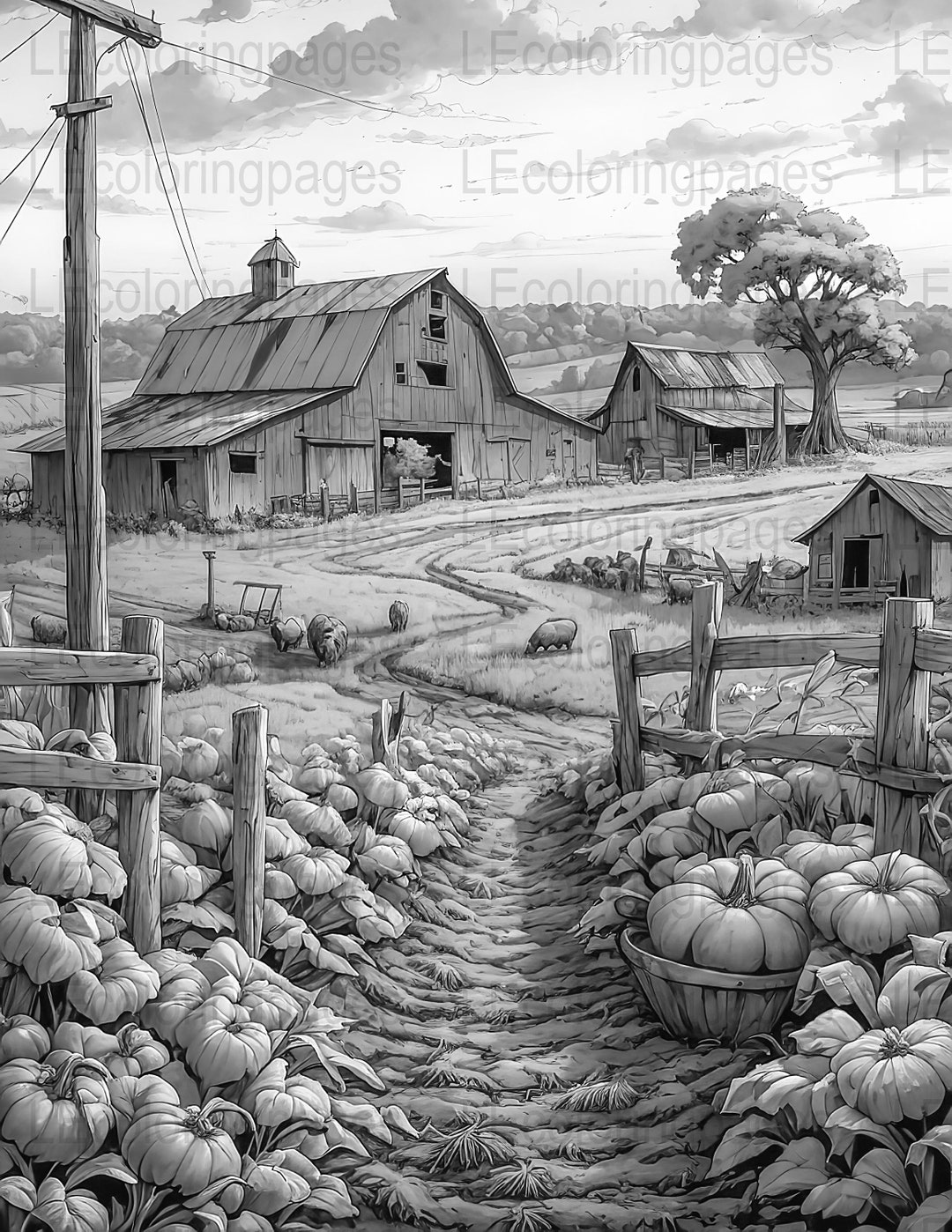 Rustic Farm Scene Grayscale Coloring Page, Country Barn Printable ...