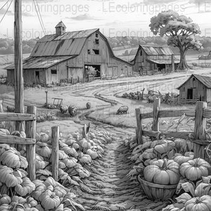 Rustic Farm Scene Grayscale Coloring Page, Country Barn Printable ...