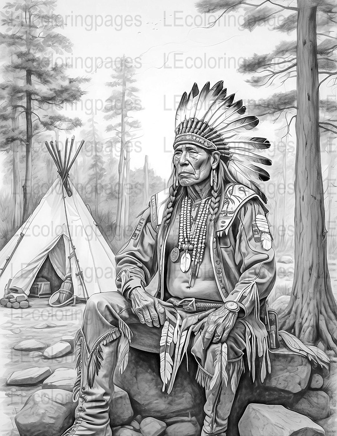 Grayscale Coloring Page for Adults, Native American Warrior Scene, 8.5 ...