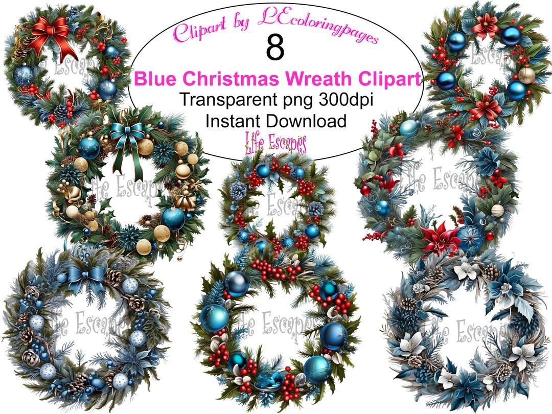 Blue Christmas Wreath Clipart Set of 8 Transparent PNG 300dpi ...