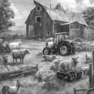 Farm Country Coloring Page for Adults, Grayscale, Rustic Barn and ...